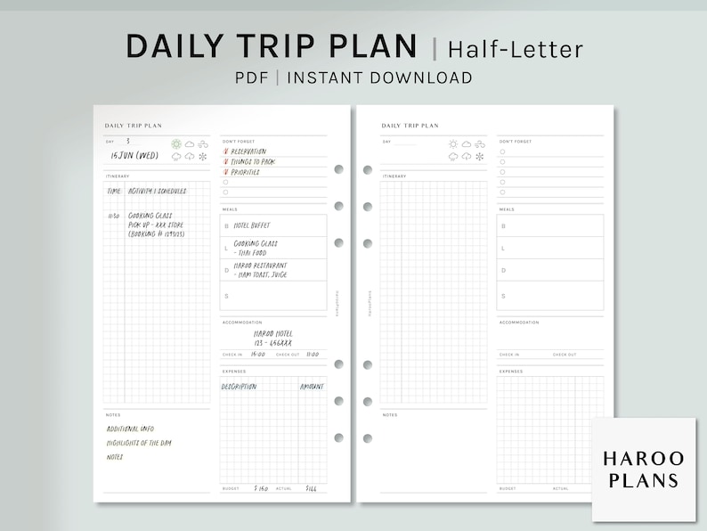 Daily Trip Plan Half-letter Printable Planner Inserts - Etsy
