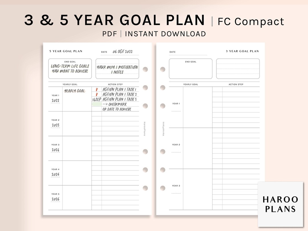 3 and 5 Year Goal Planner | FC Compact Printable Inserts | Life Action ...