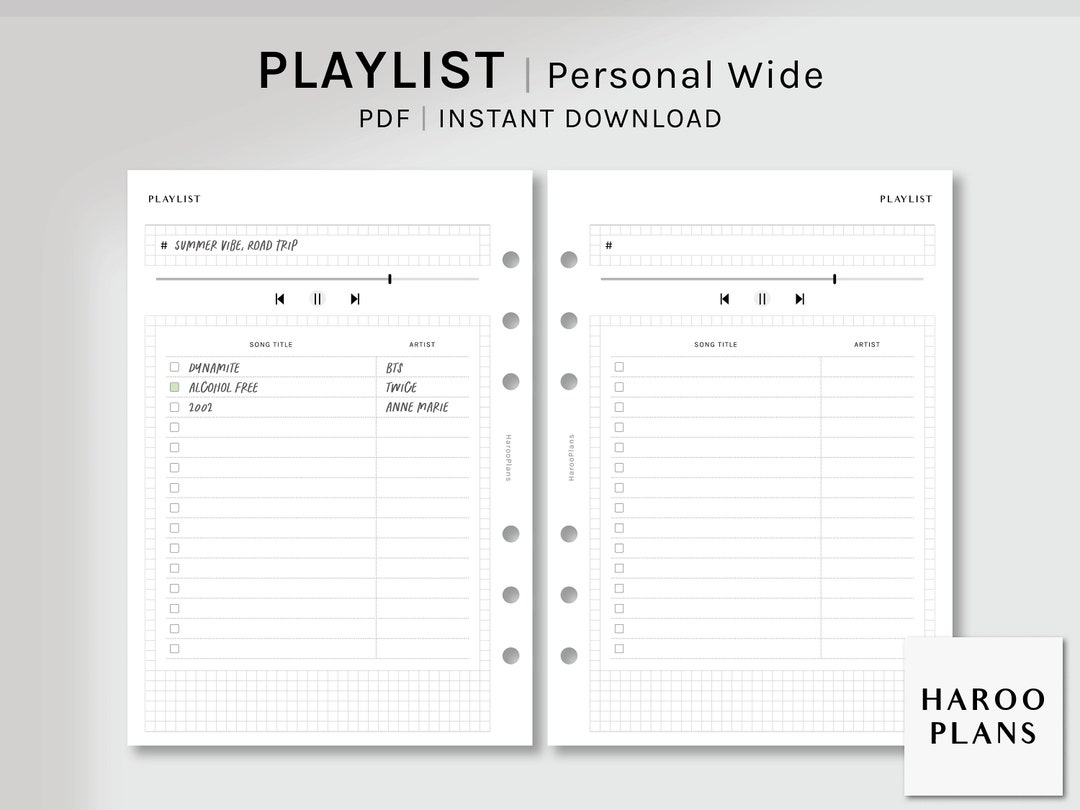 Playlist Sheet | Personal Wide Printable Planner Inserts | Music List ...
