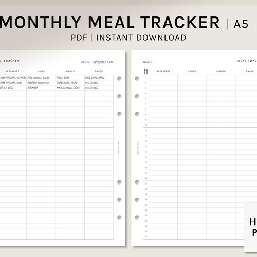 Monthly Meal Tracker A5 Printable Planner Inserts Monthly - Etsy