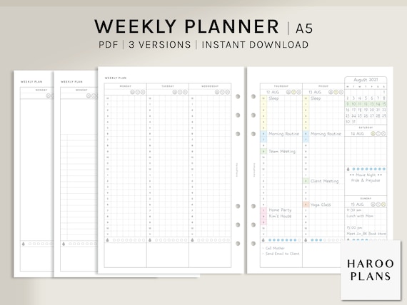 Weekly Planner A5 Printable Planner Inserts WO2P Layout | Etsy