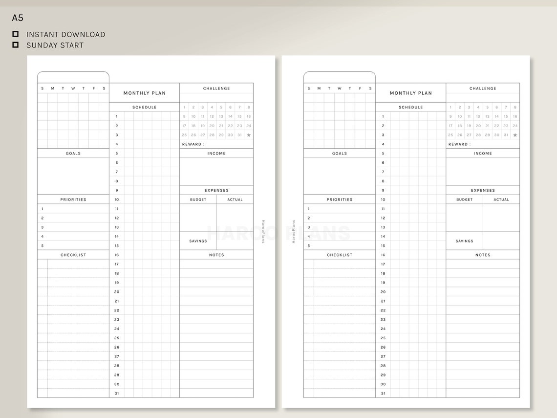 Monthly Planner | A5 Printable Planner Inserts | Monthly Overview ...