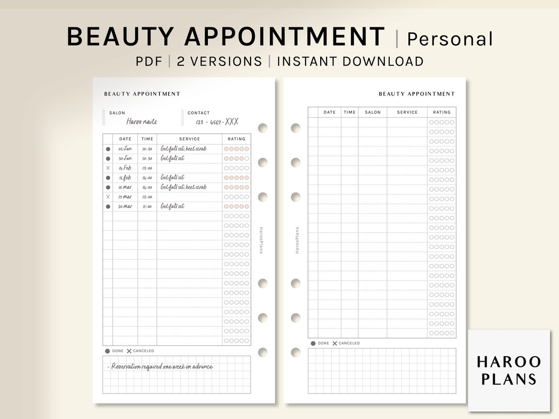 Beauty Appointments Tracker | Personal Ring Printable Planner Inserts ...