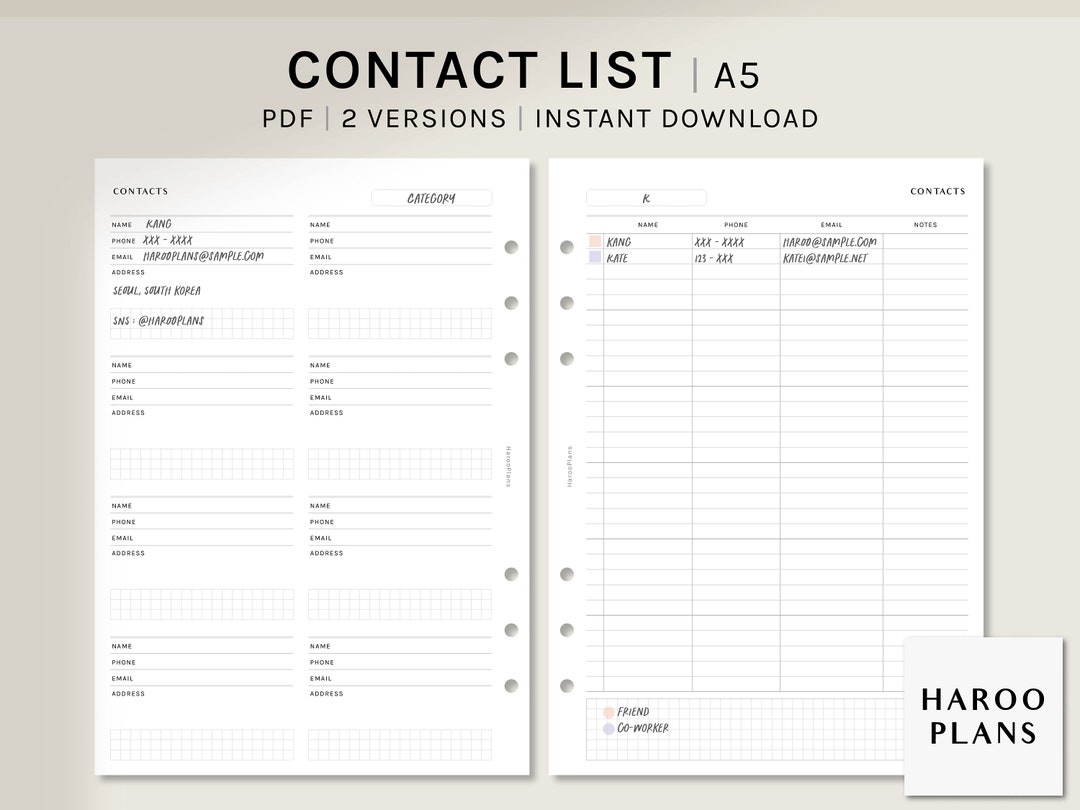 Contact List Sheet | A5 Printable Planner Inserts | Simple Phone Number ...
