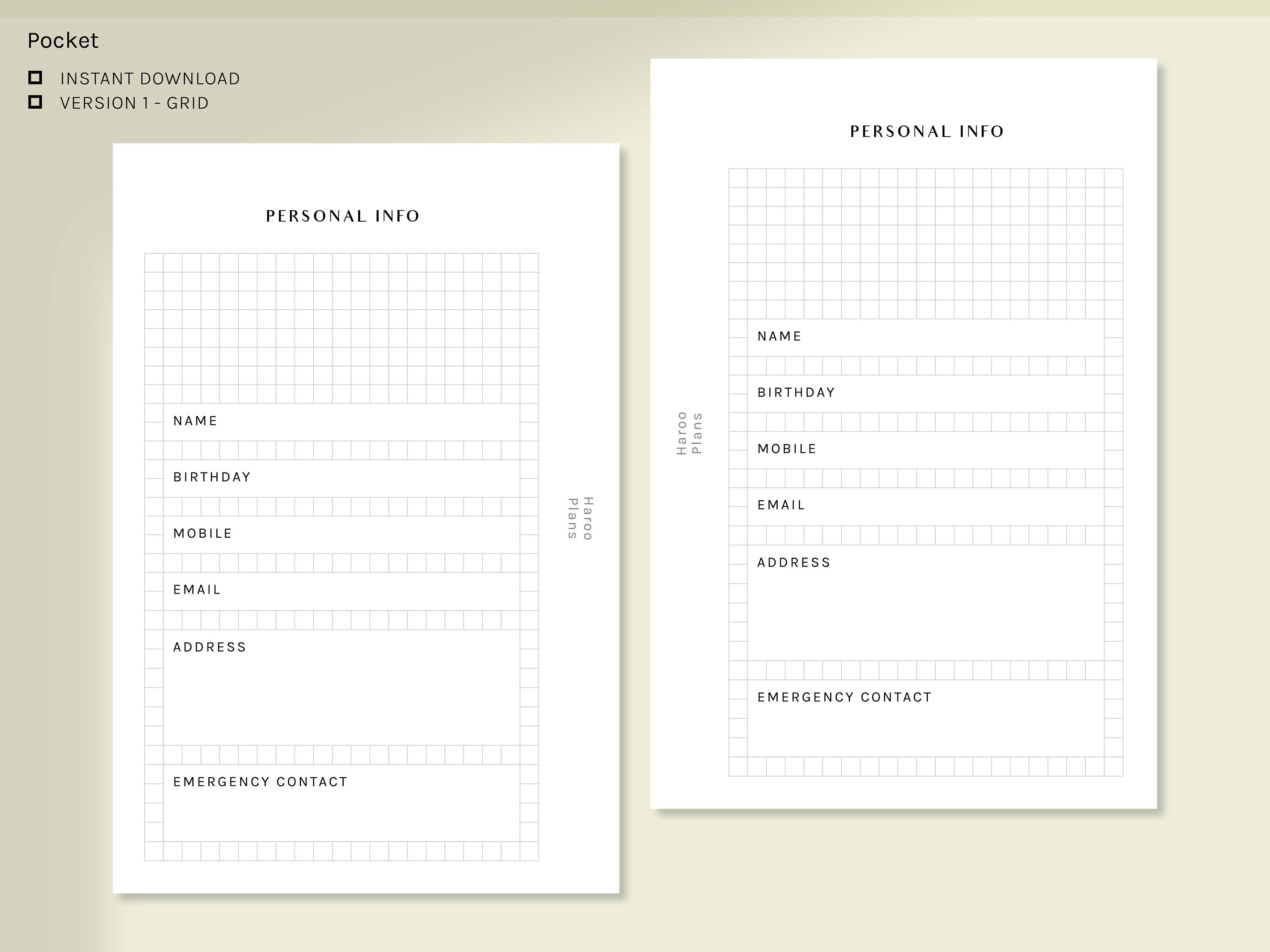 Personal Information Page Pocket Ring Personal Data Sheet - Etsy