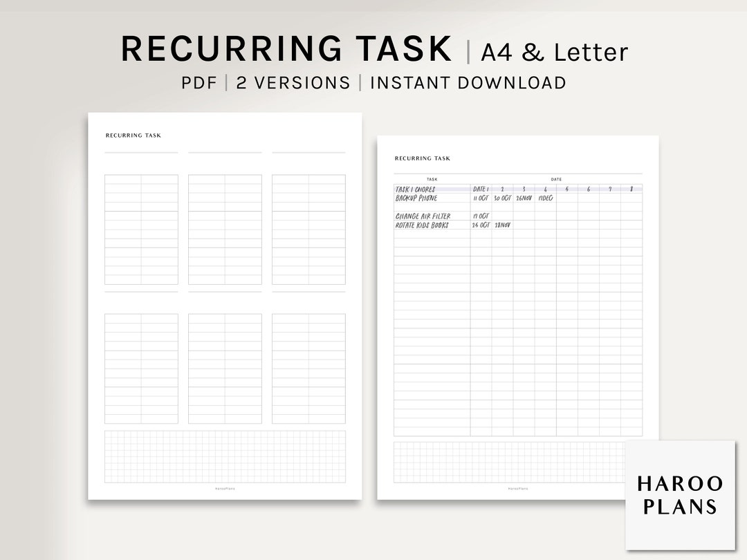 Recurring Task Log | A4, US Letter Printable Planner Inserts | Chores ...