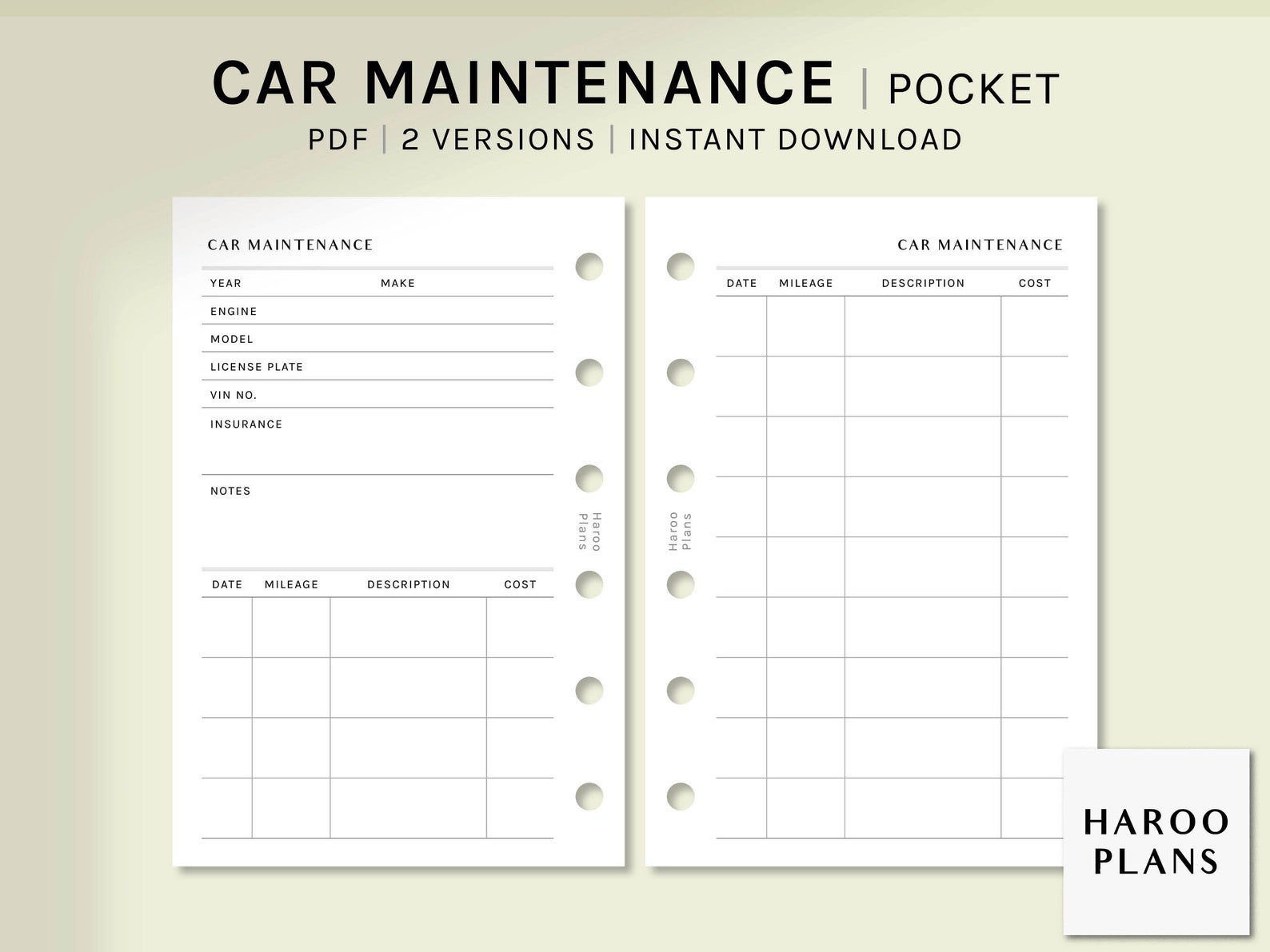 Car Maintenance | Pocket Size Printable Planner Inserts | Simple Auto ...