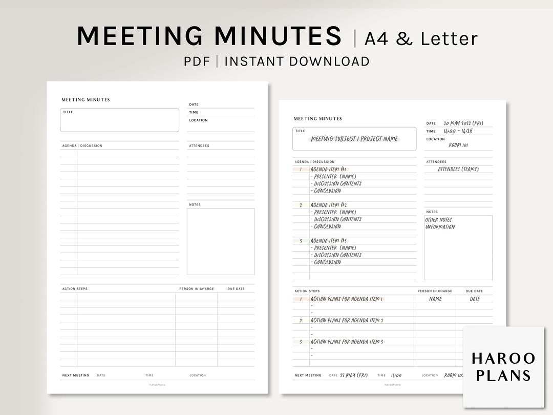 Meeting Minutes | A4, US Letter Printable Planner Inserts | Work ...
