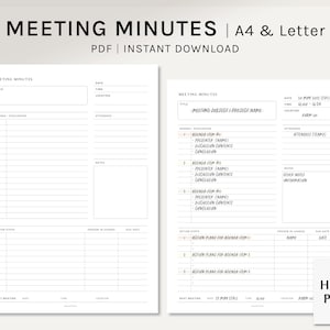 Meeting Minutes A4, US Letter Printable Planner Inserts Work Project ...