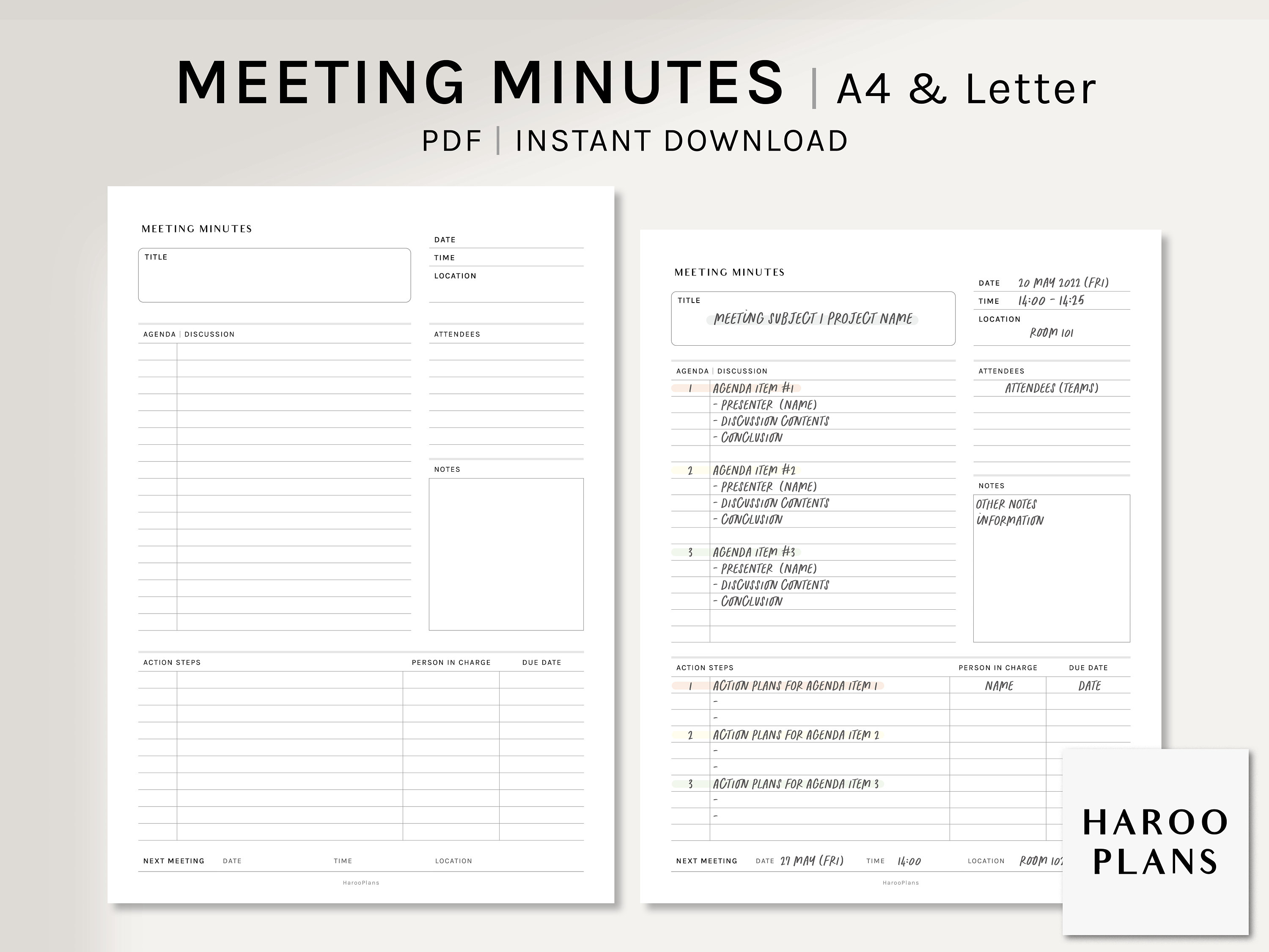 Meeting Minutes | A4, US Letter Printable Planner Inserts | Work ...