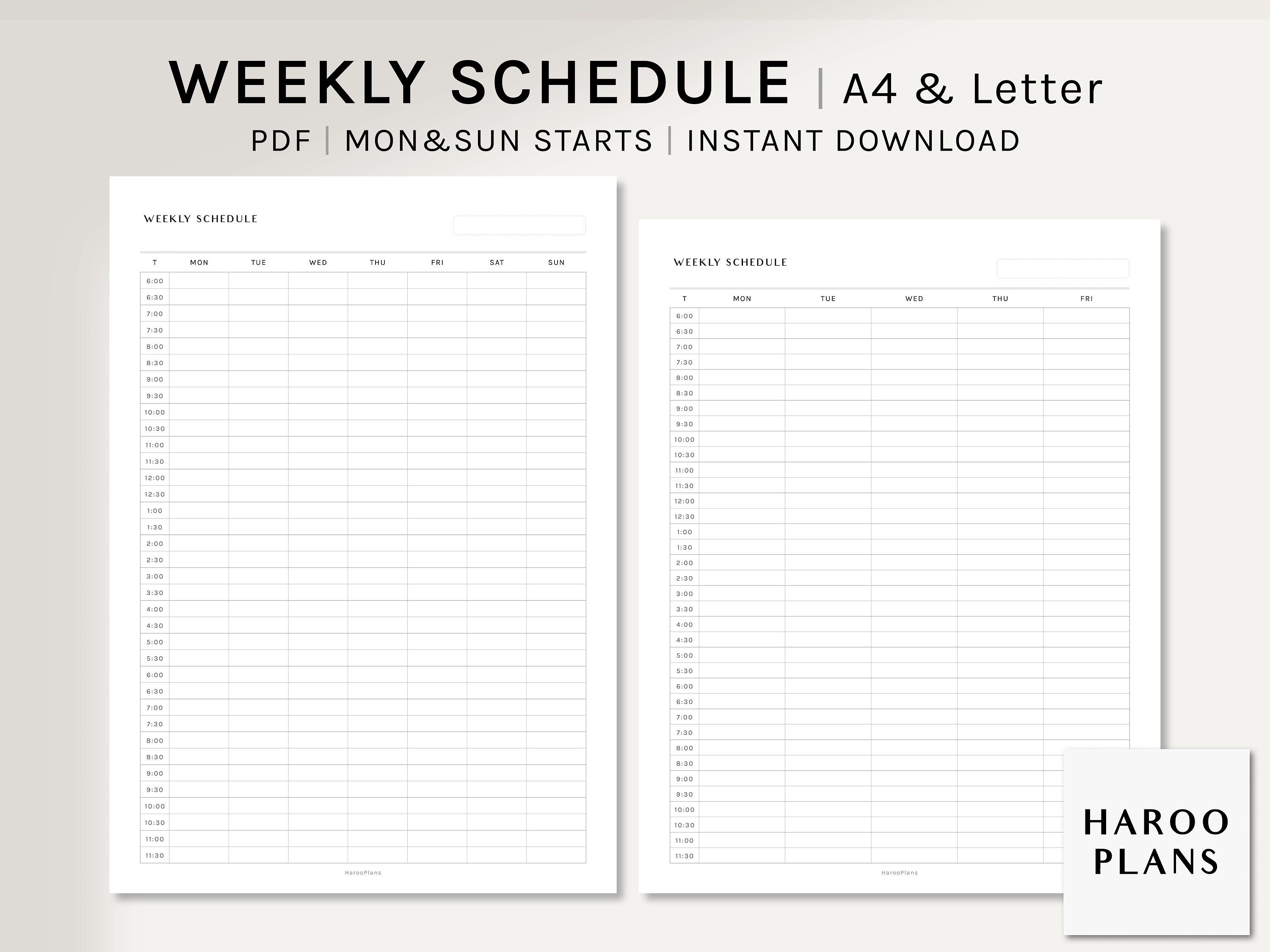 Half-hour Weekly Schedule | A4, US Letter Printable Planner Inserts ...