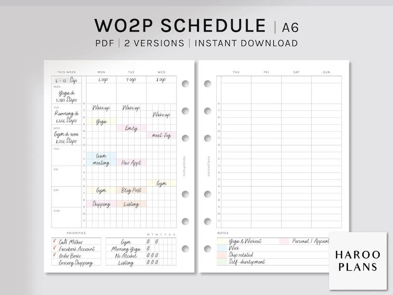 WO2P Schedule A6 Rings Printable Planner Inserts Simple - Etsy
