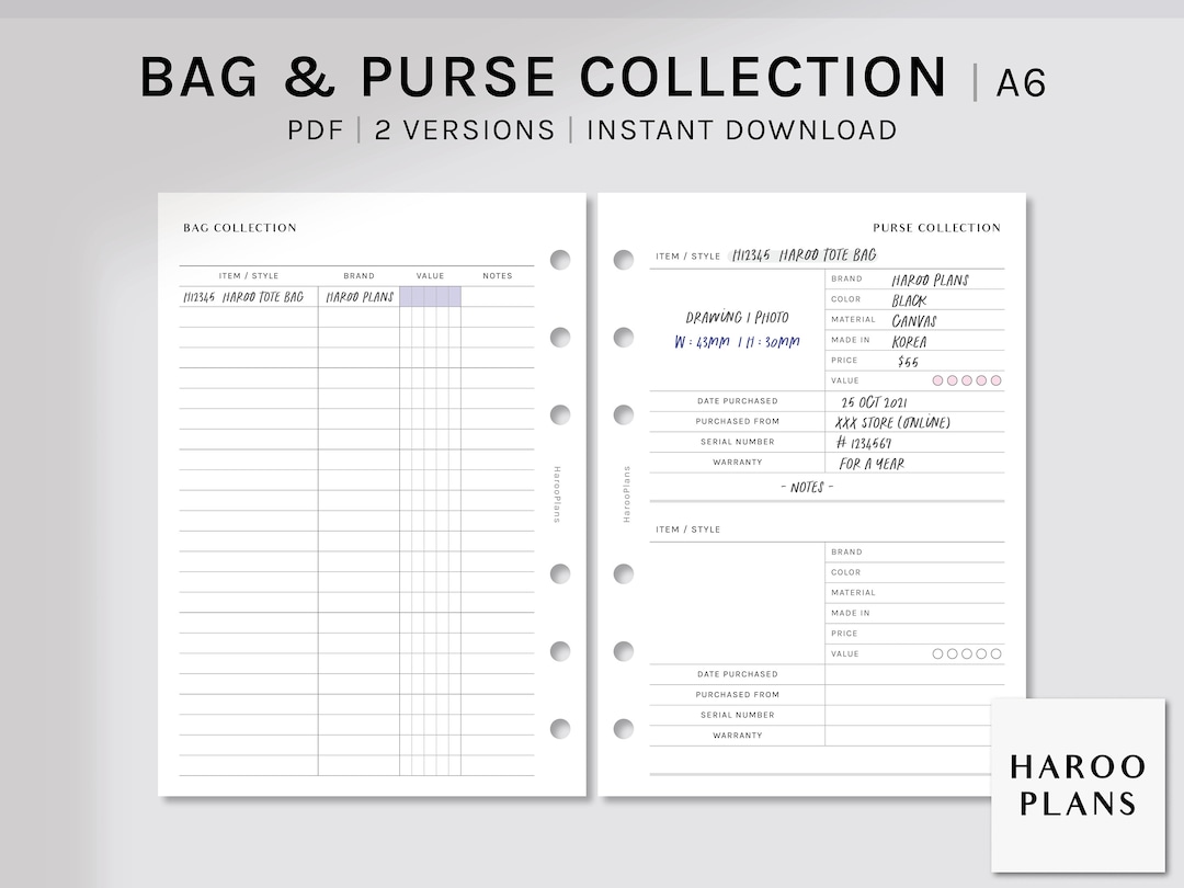 Bag & Purse Collection | A6 Printable Planner Inserts | Handbag Item ...