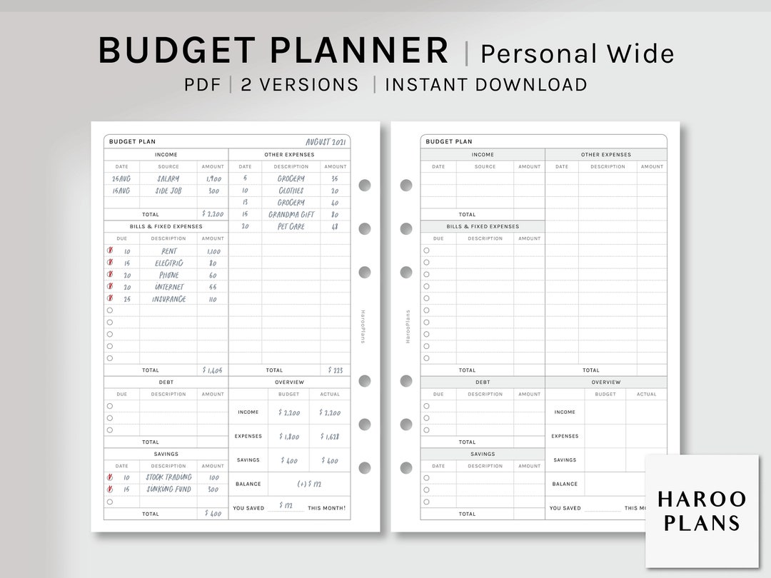 Budget Planner | Personal Wide Size Printable Inserts | Finance ...