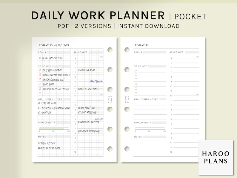 Daily Work Planner | Pocket Size Printable Inserts | Productivity ...