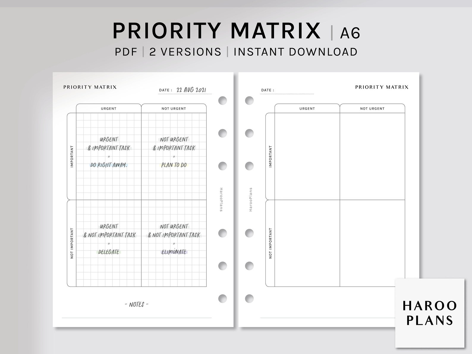 Priority Matrix A6 Printable Planner Inserts Urgent Important
