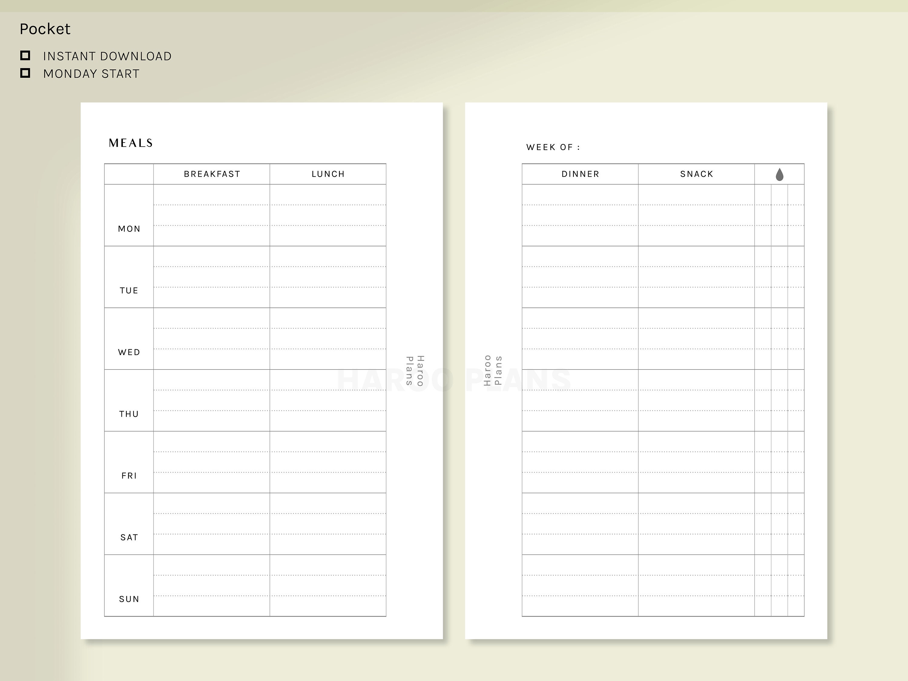 Weekly Meal Tracker | Pocket Size Printable Planner Inserts | Food Log ...