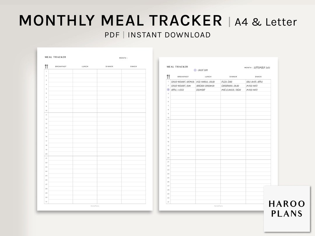 Monthly Meal Tracker | A4, US Letter Printable Planner Inserts ...