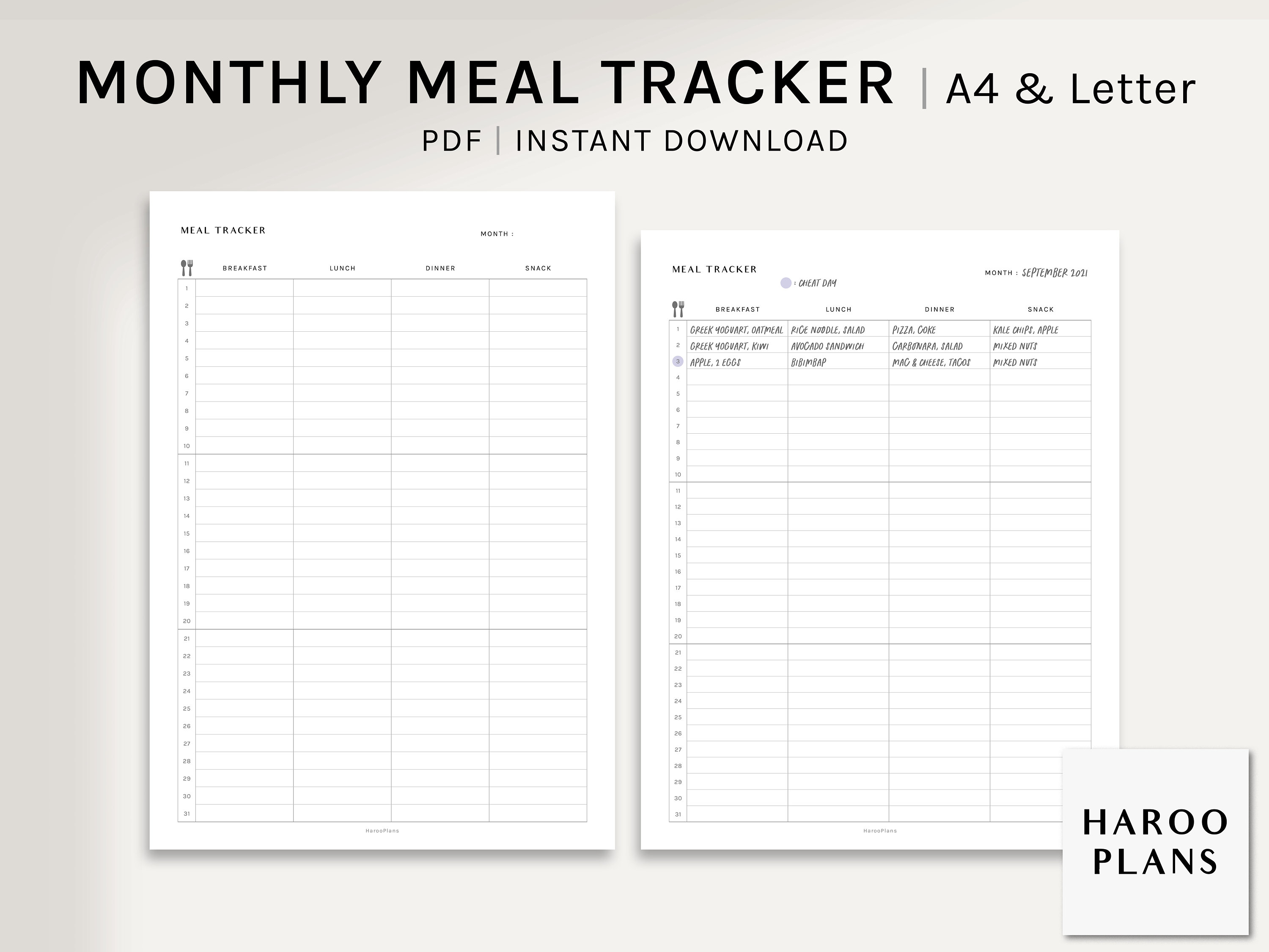 Monthly Meal Tracker A4 US Letter Printable Planner Inserts - Etsy
