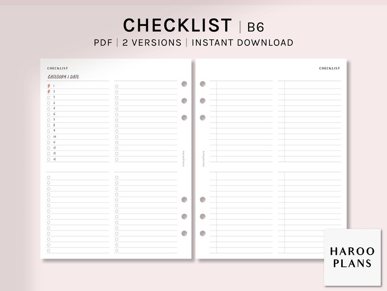 Checklist Sheet B6 Ring Printable Planner Inserts Work - Etsy