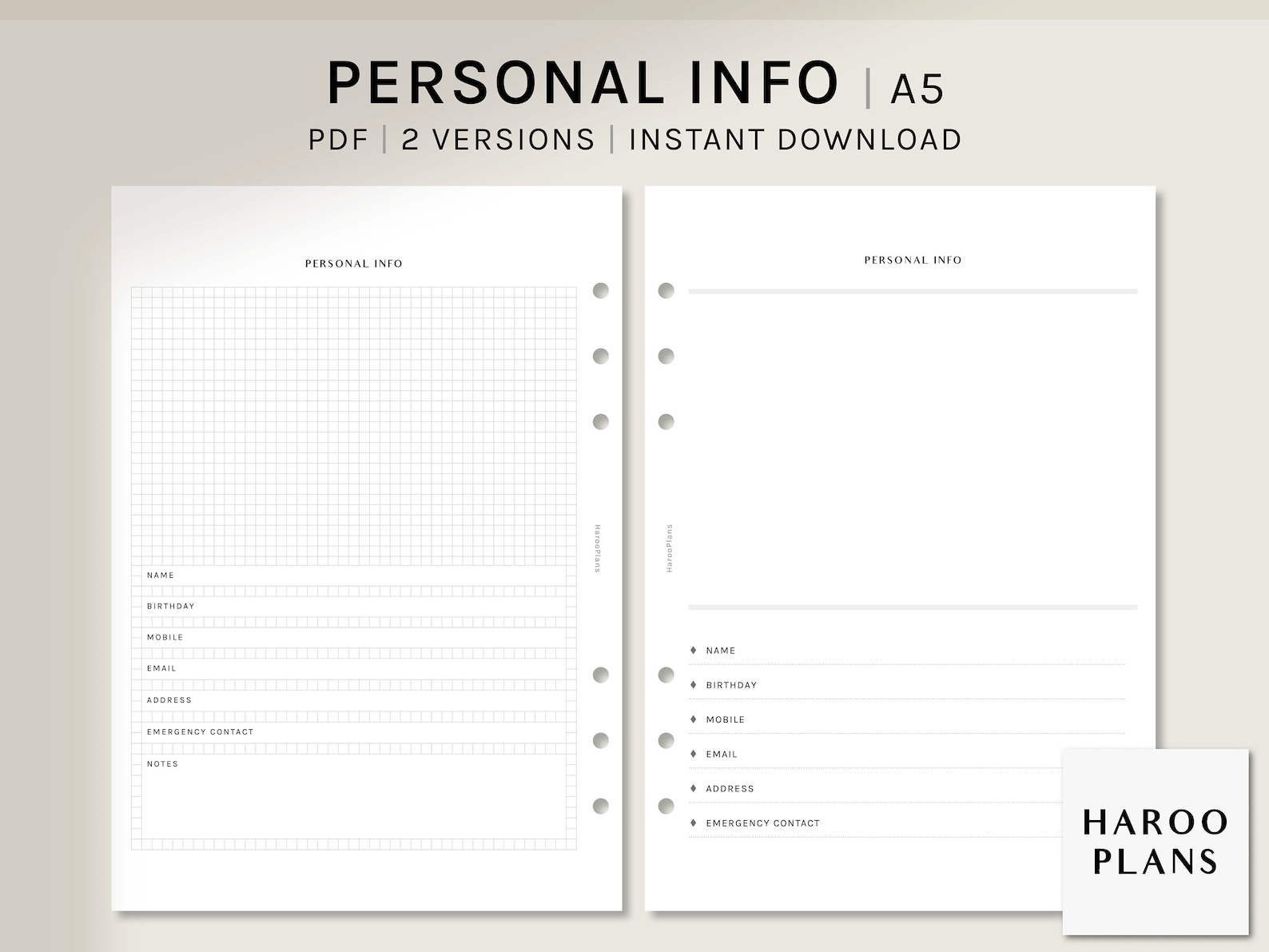 Personal Information Page | A5 | Personal Data Sheet Printable Planner ...
