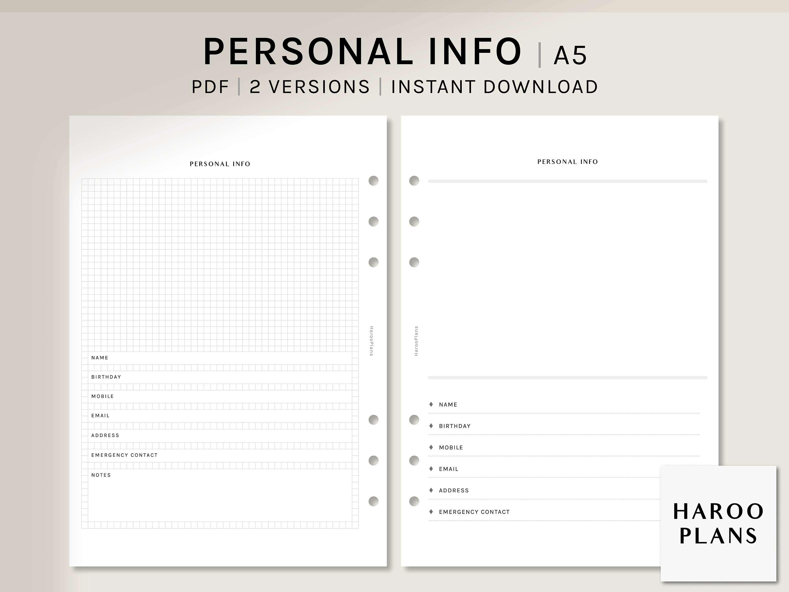 Personal Information Page | A5 | Personal Data Sheet Printable Planner ...