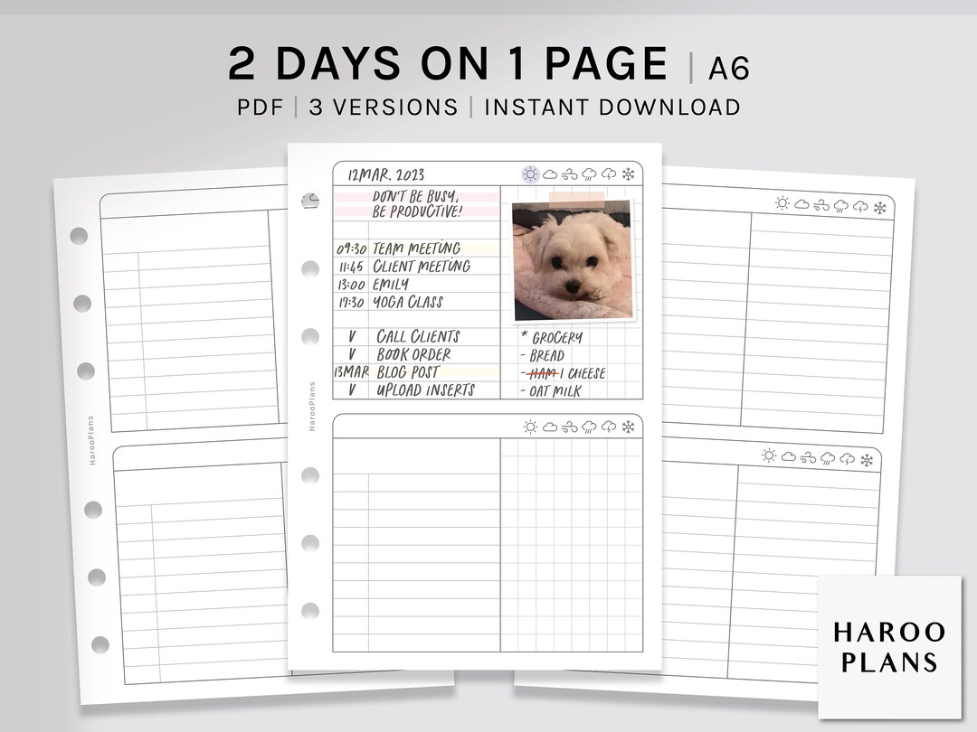 2 Days on 1 Page | A6 Printable Planner Inserts | 2D1P Daily Agenda | Simple Organizer Template ...
