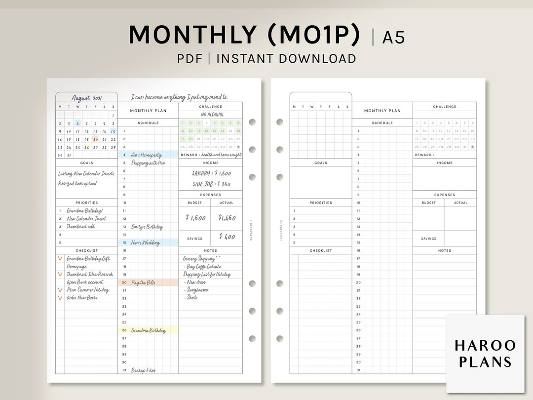 Monthly Planner | A5 Printable Planner Inserts | Monthly Overview ...
