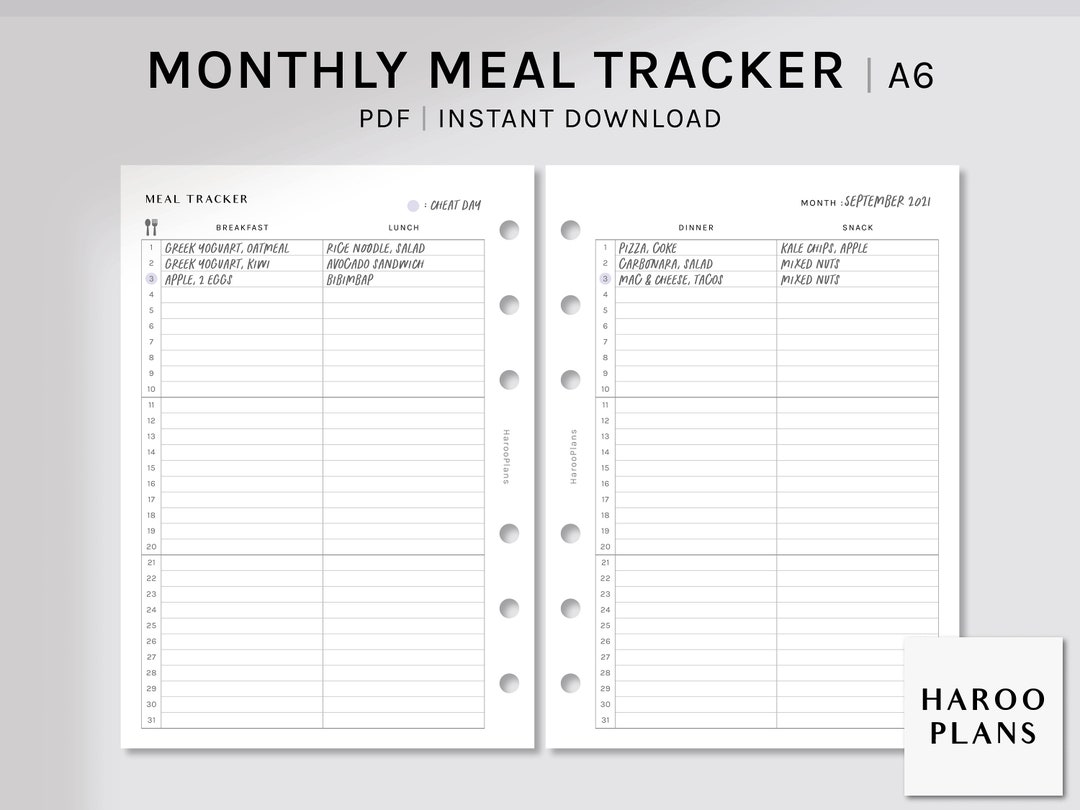 Monthly Meal Tracker | A6 Printable Planner Inserts | MO2P Diet Menu ...