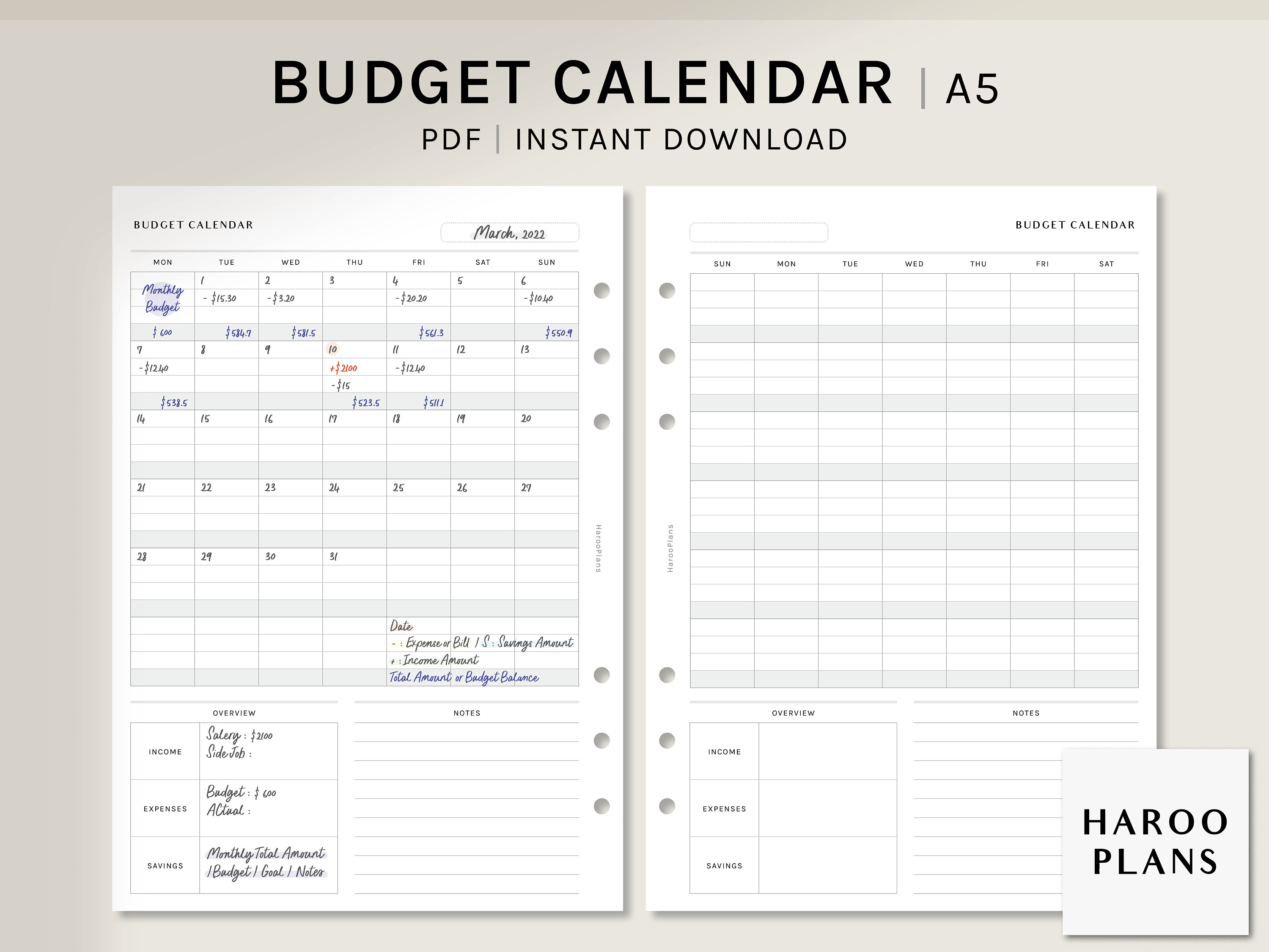 Budget Calendar | A5 Printable Planner Inserts | Monthly Financial ...