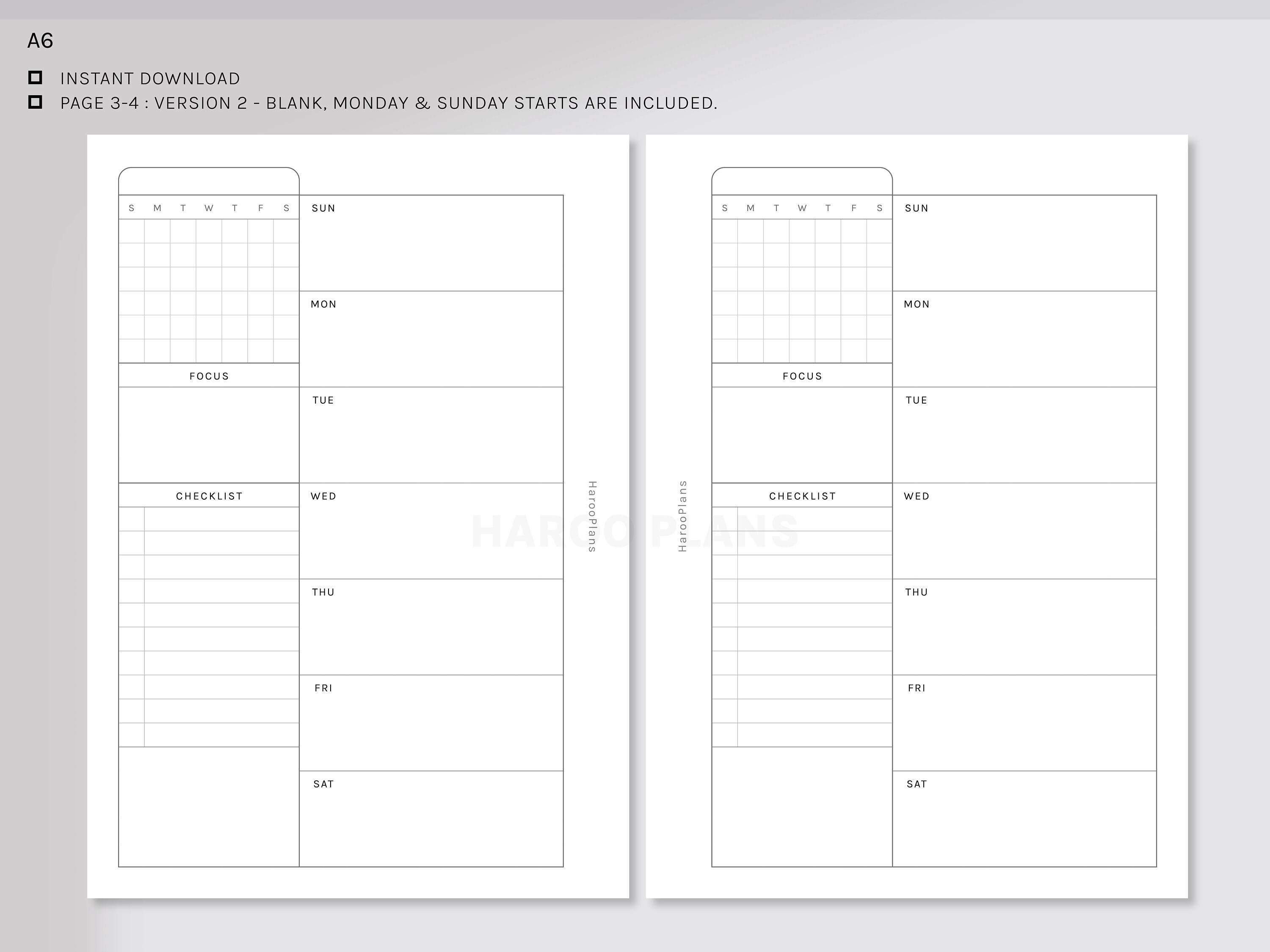 Undated Weekly A6 Printable Planner Inserts WO1P Schedule - Etsy