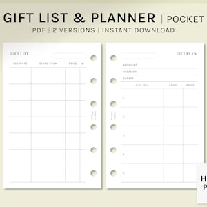 Gift Giving List Pocket Rings Printable Planner Inserts Gift Log ...