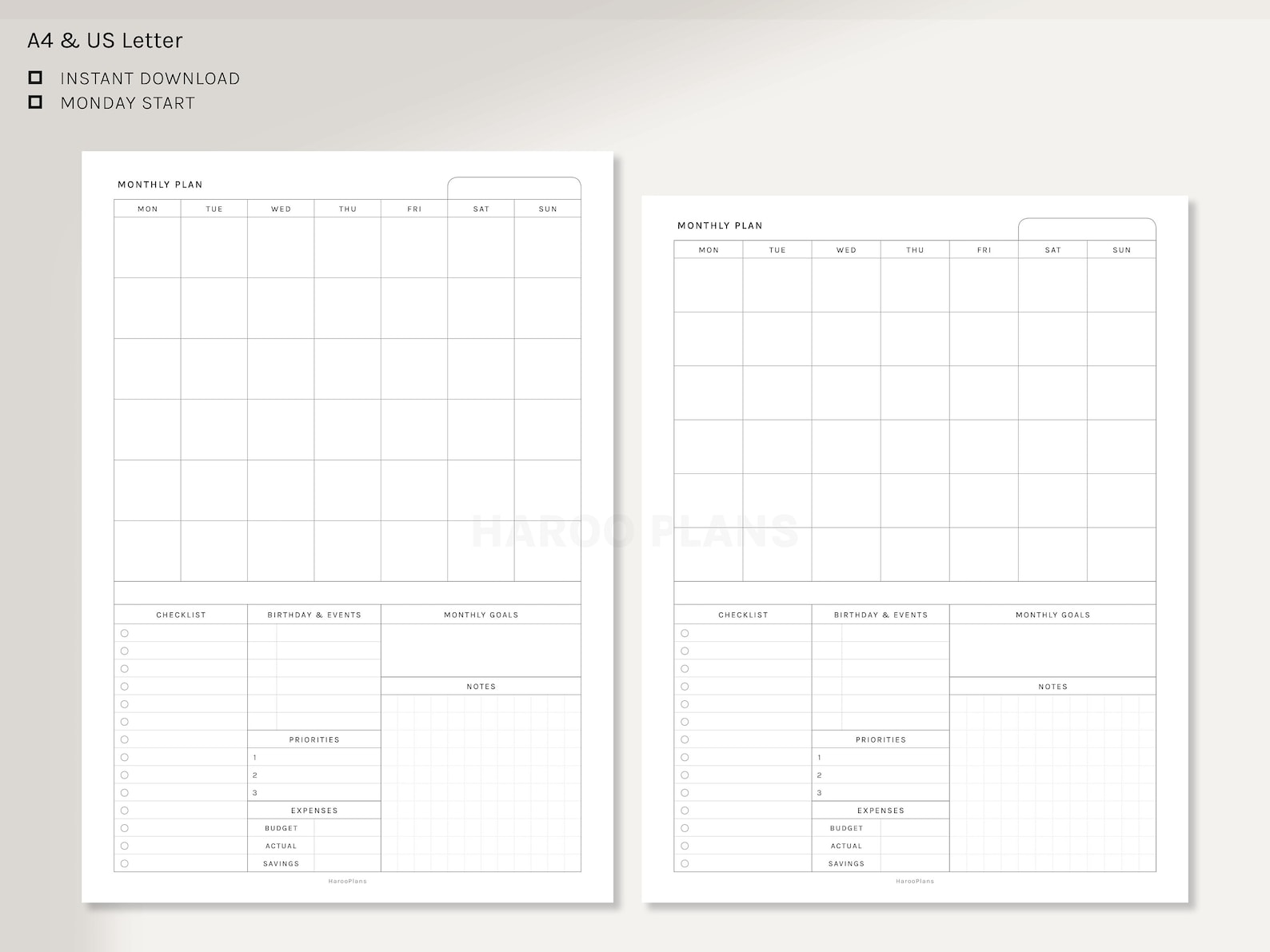 Monthly Overview | A4, US Letter Printable Planner Inserts | MO1P ...