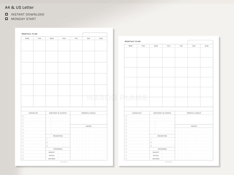 Monthly Overview | A4, US Letter Printable Planner Inserts | MO1P ...