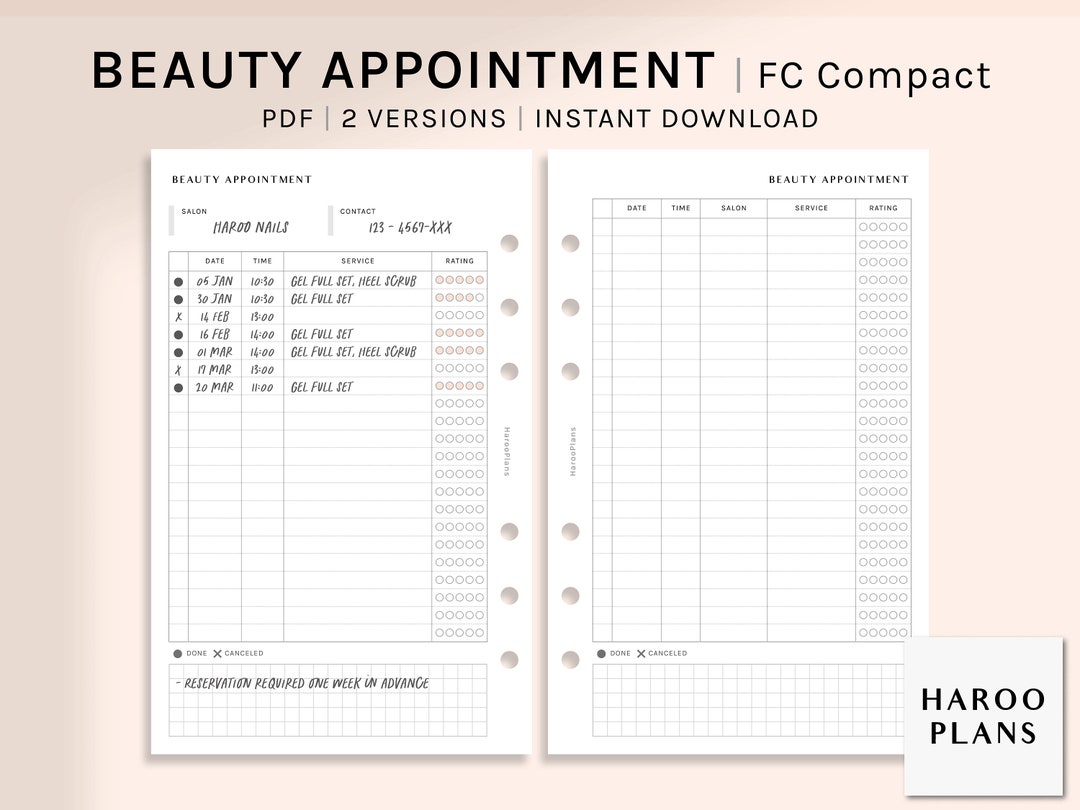 Beauty Appointment Tracker | FC Compact Printable Planner Inserts ...