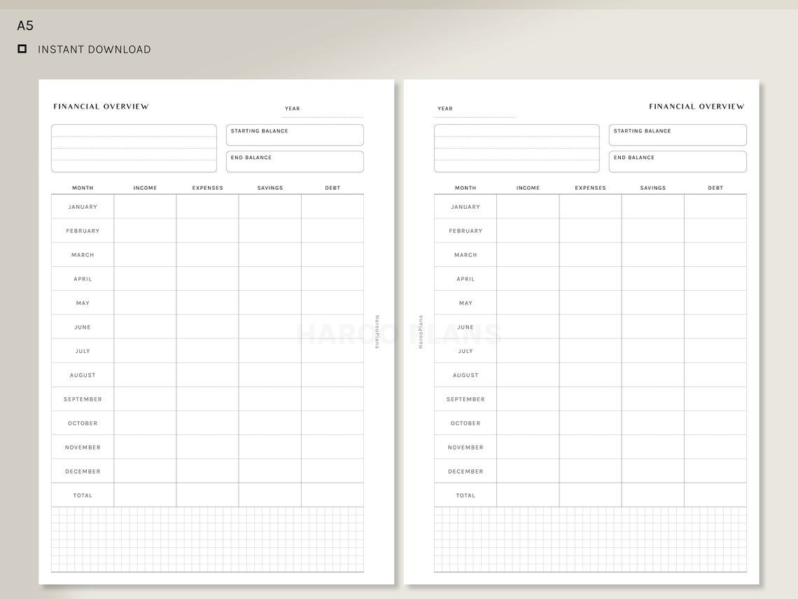 Yearly Financial Overview A5 Printable Planner Inserts | Etsy