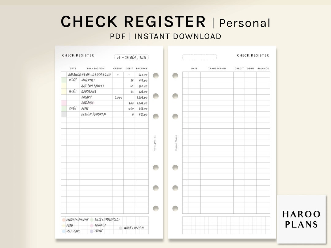 Check Register | Personal Printable Planner Inserts | Checkbook Ledger ...