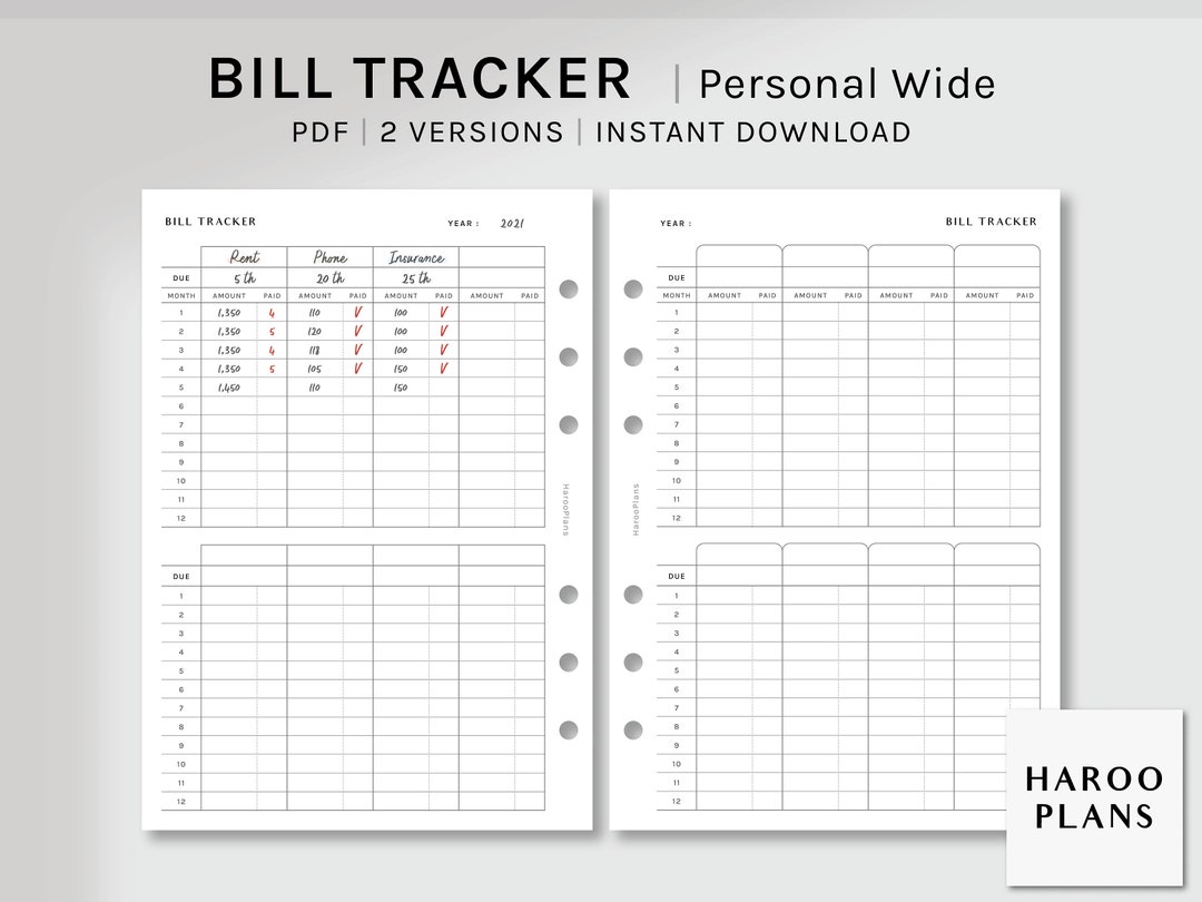 Bill Tracker | Personal Wide Printable Planner Inserts | Spending Log ...