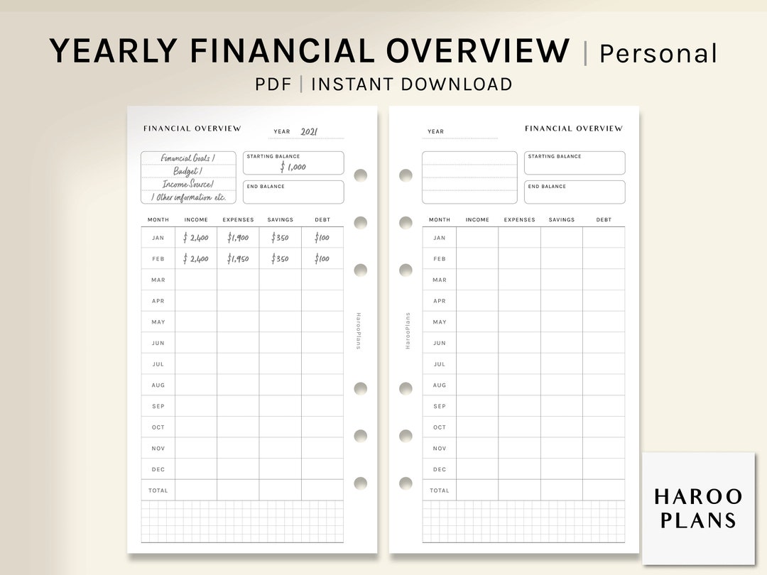 Yearly Financial Overview | Personal Size Printable Planner Inserts ...