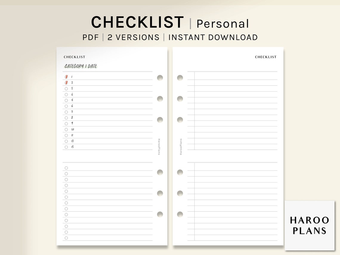 Checklist Sheet Personal Size Printable Planner Inserts - Etsy