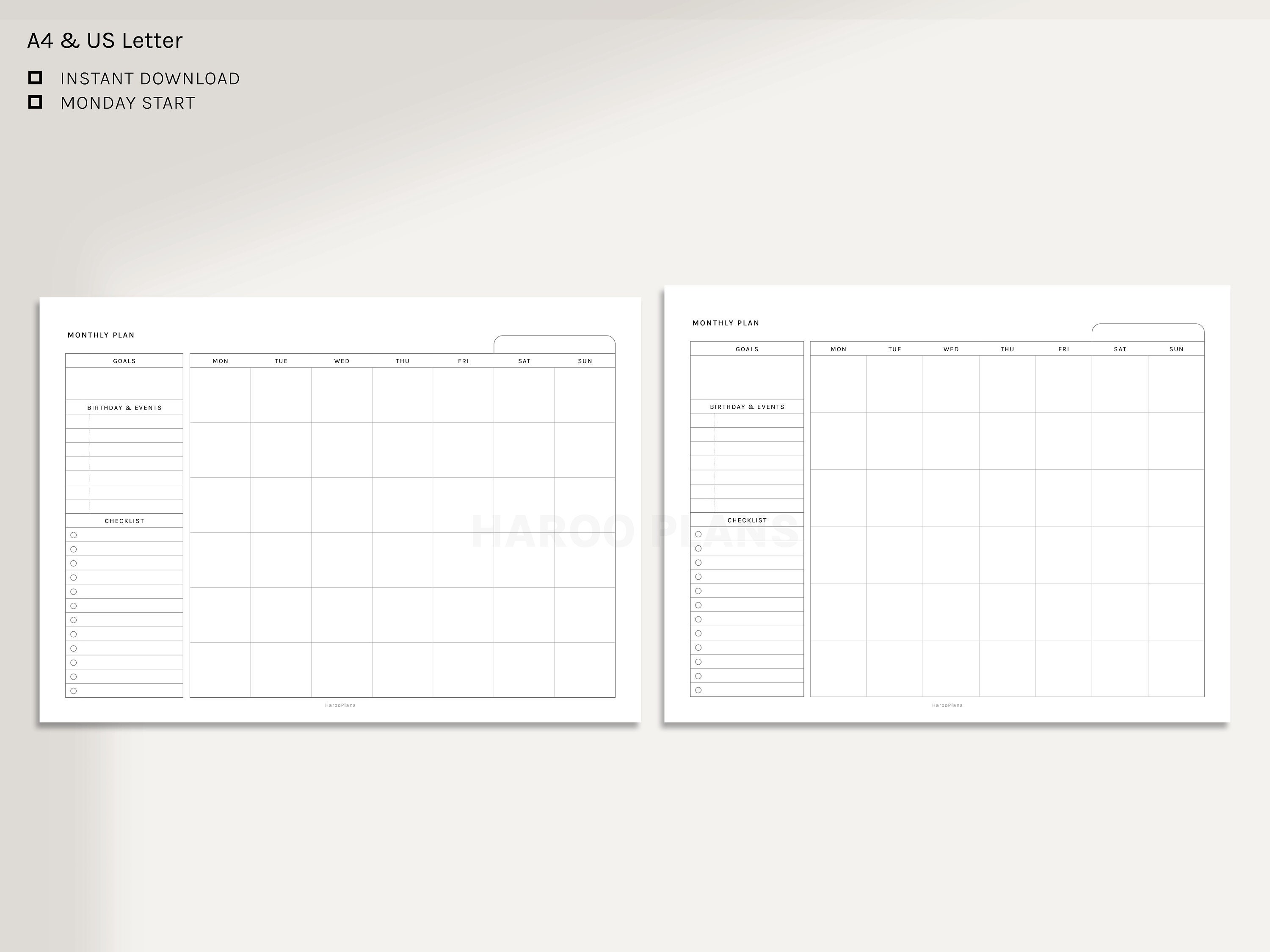 Monthly Planner | A4, US Letter Printable Inserts | MO1P Horizontal ...