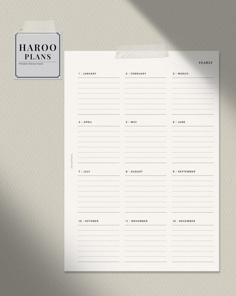 Yearly Planner | A5 Planner Printable Inserts | Blank Yearly Overview Layout | Year on One Page ...