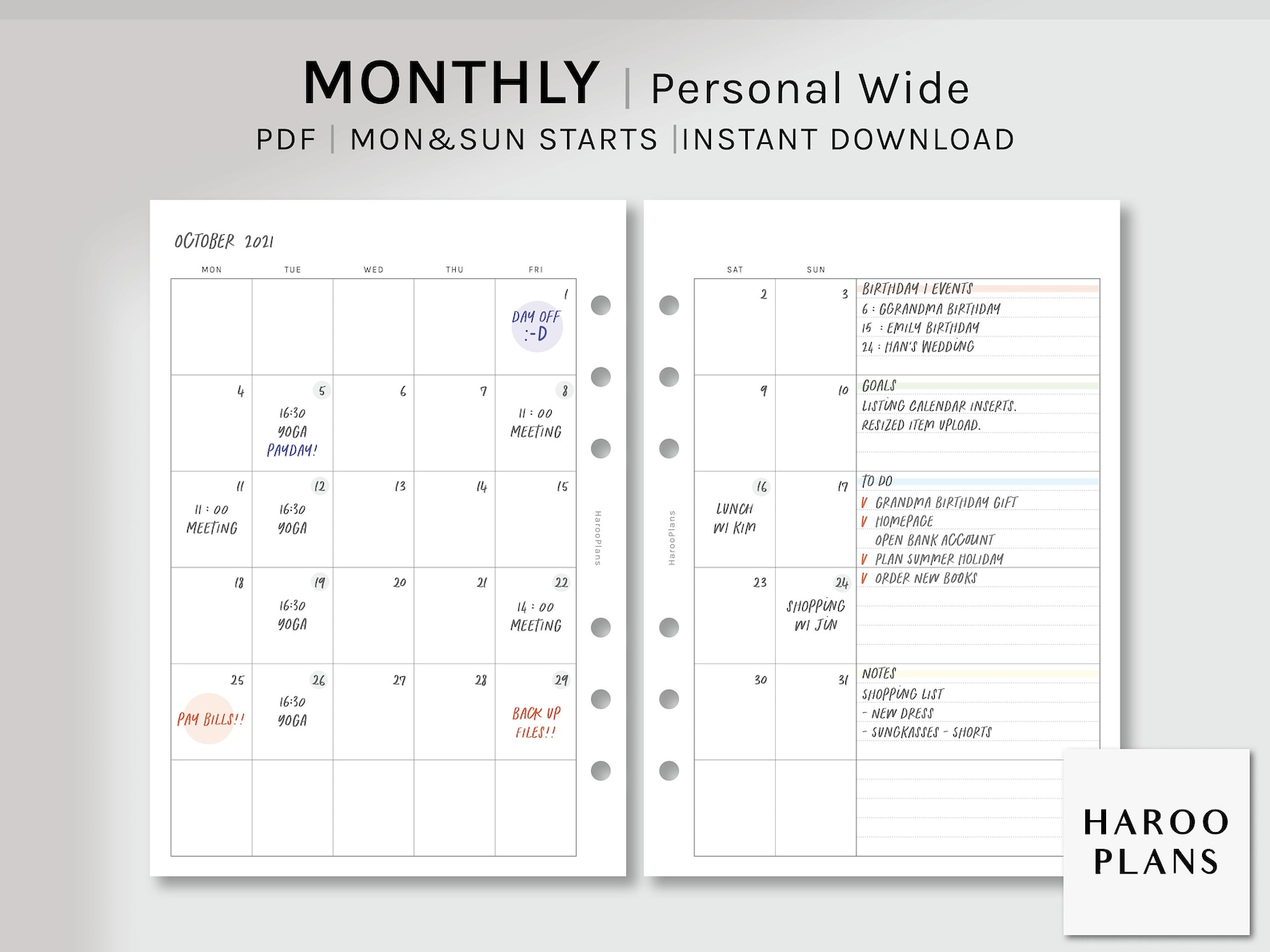 Undated Monthly Planner | Personal Wide Printable Inserts | Simple MO2P ...