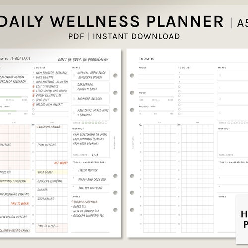 Daily Wellness Planner A5 Printable Inserts Day Schedule - Etsy