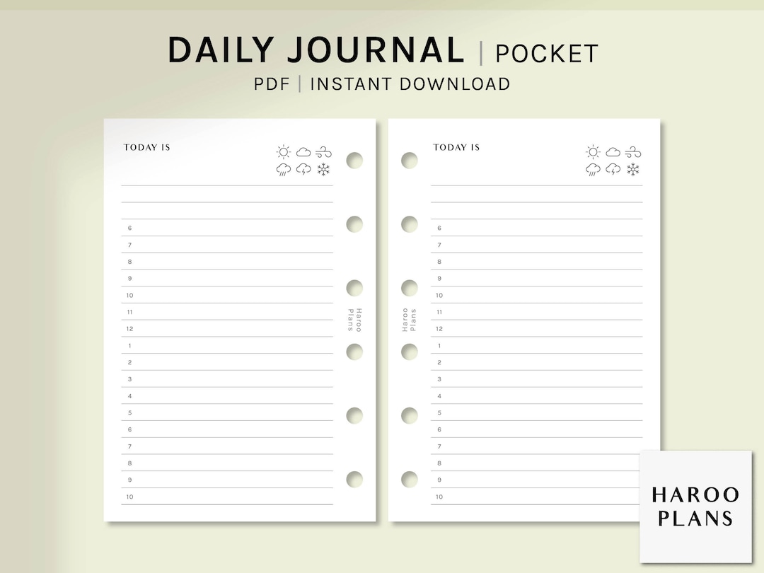 Daily Journal | Pocket Size Printable Planner Inserts | Simple Lined ...