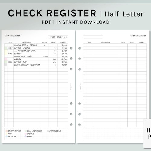 Check Register Half-letter Printable Planner Inserts - Etsy