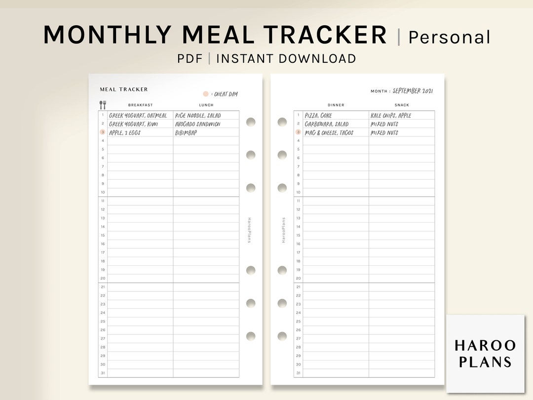Monthly Meal Tracker | Personal Printable Planner Inserts | MO2P Diet ...