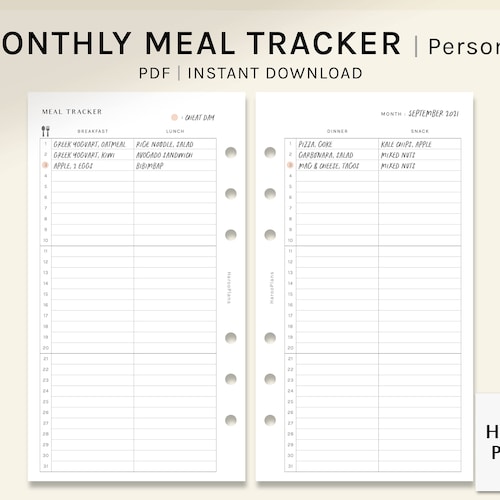Monthly Meal Tracker Personal Printable Planner Inserts - Etsy