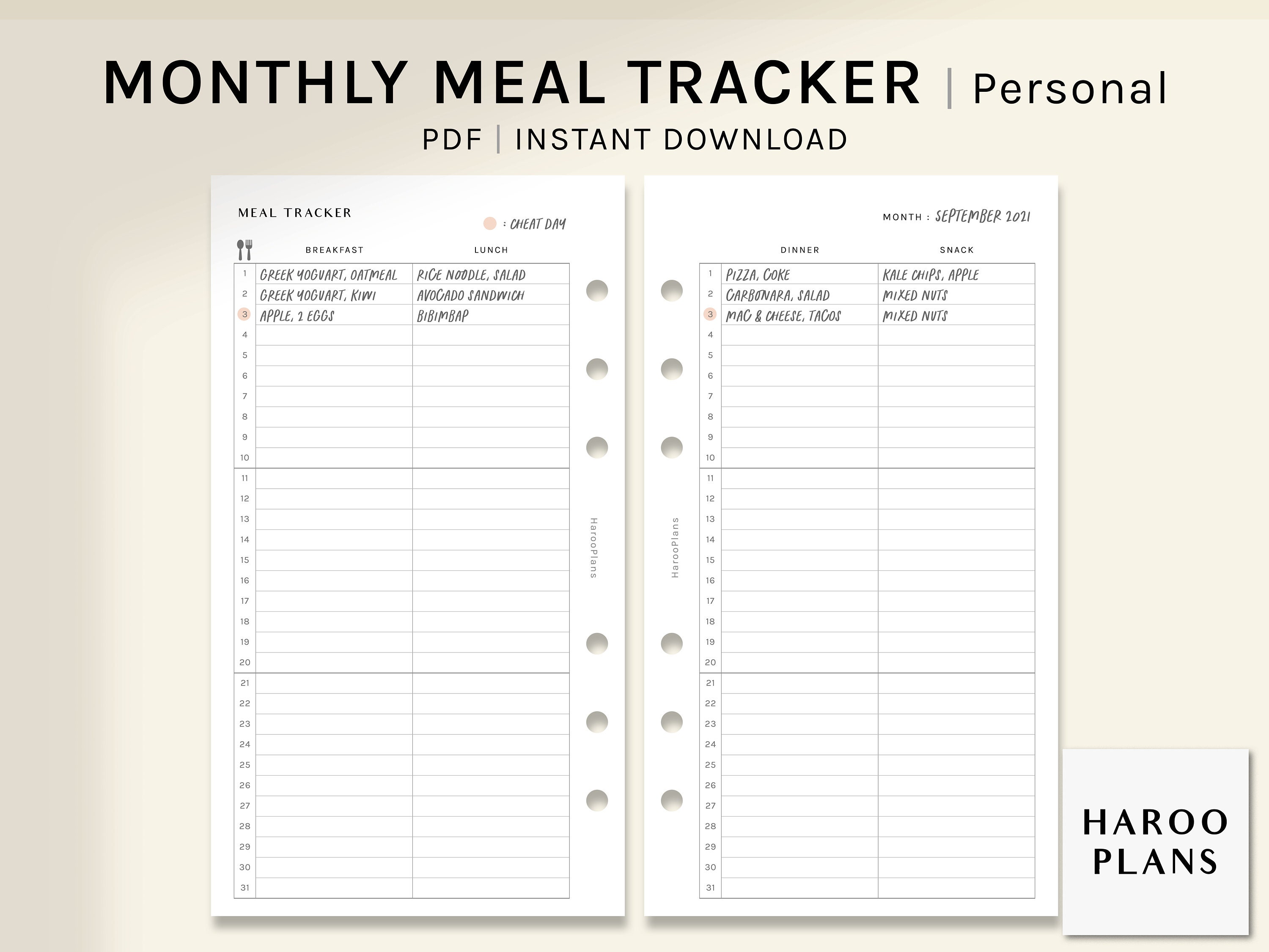 Monthly Meal Tracker Personal Printable Planner Inserts - Etsy