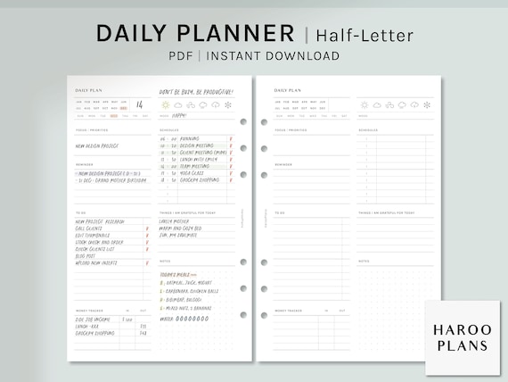 Daily Planner Half-letter Printable Inserts Schedule - Etsy